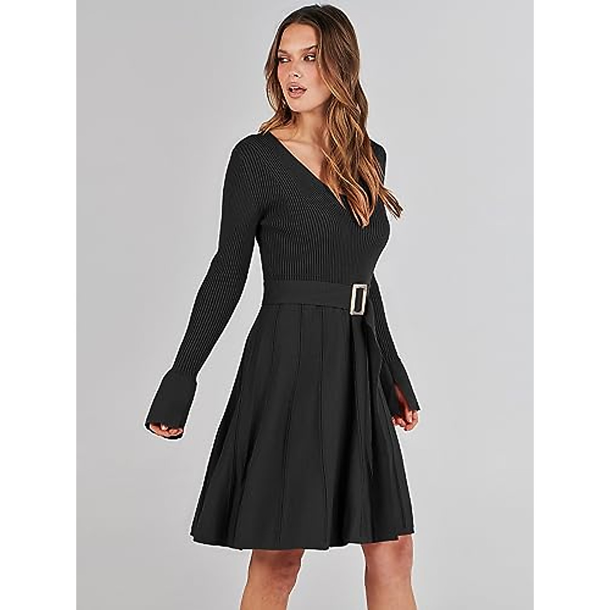 ANRABESS Sweater Dress for Women 2023 Fall Fashion Long Sleeve V Neck Tie Waist A-Line Pleated Swing Sexy Elegant Ribbed Knit Midi Formal Wedding Guest Dresses 1195heise-M Black