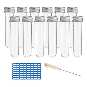 PATIKIL 30ml Test Tubes Set, 24pcs 4.3x1" Plastic Clear Round Bottom Test Tube Containers with Labels for Bead Party Candy Bath Salt Storage Plant Propagation, Silver Cap