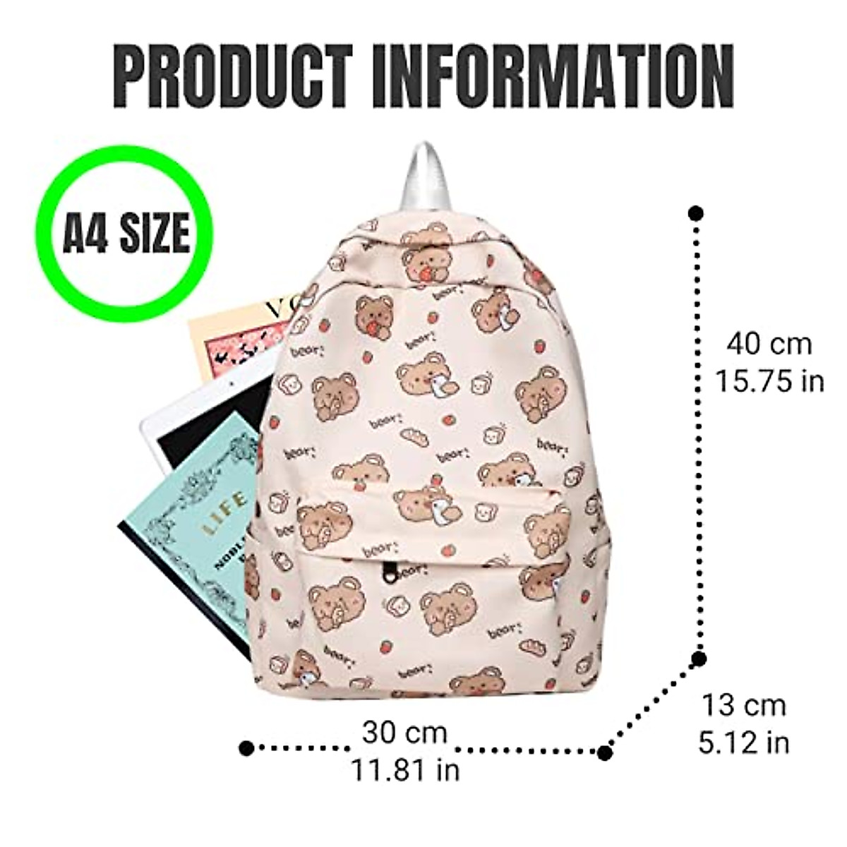 Kaupuar Japanese Backpack Kawaii Backpack for School Teen Girls Aesthetic Backpack Student Lovely Bookbag (Beige)
