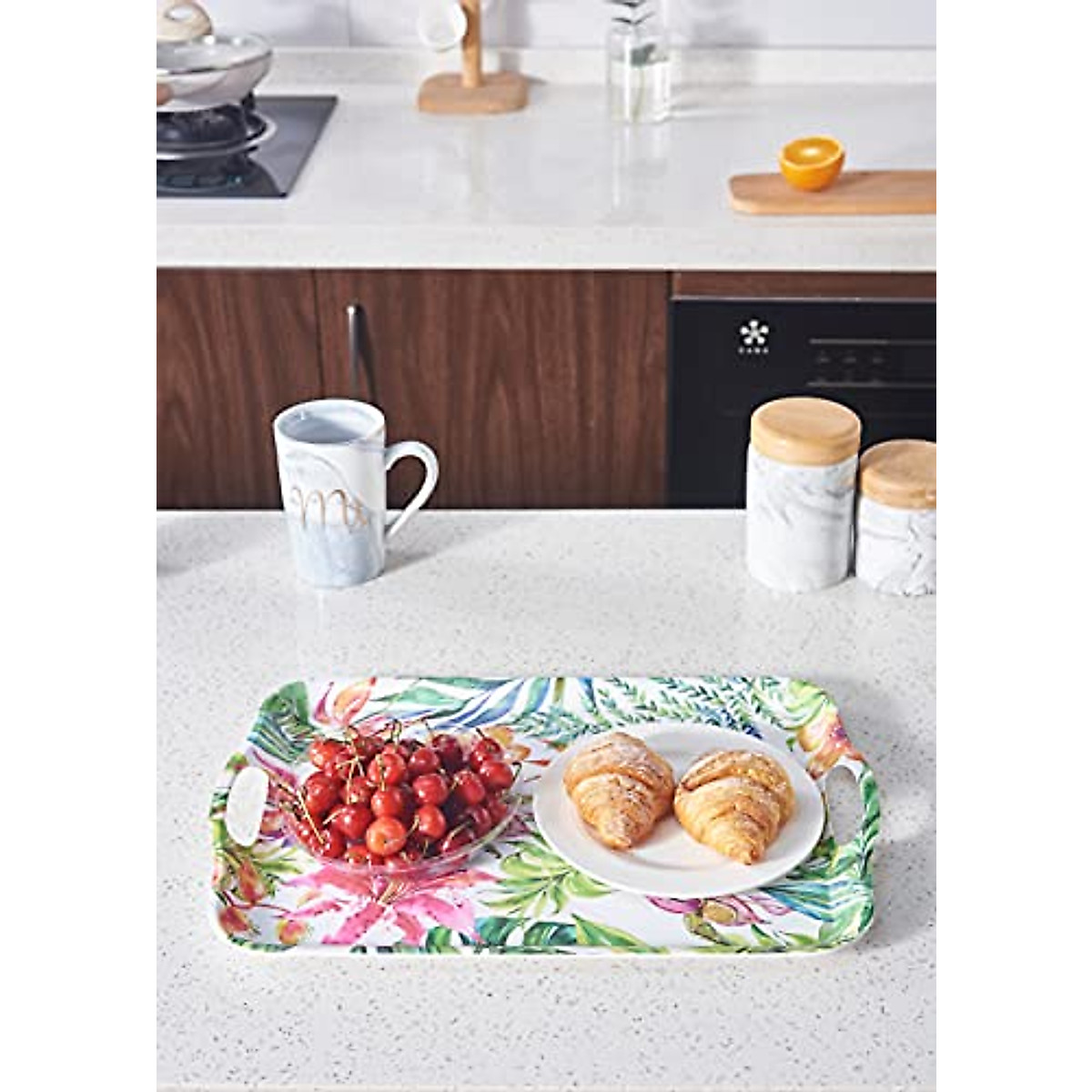 Blue Boat 16.5" x 11.5" Rectangular Melamine Serving Tray Set of 2 Floral, Light Weight Easy to Clean Sturdy Stackable Serving Tray with Handle, Fruit, Snacks, and Desserts Trays, TV Trays