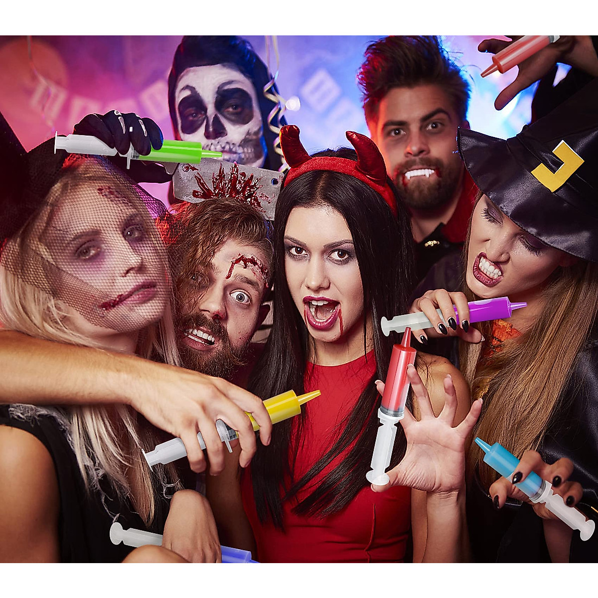 50 Pack Syringes Set Include 25 2 oz Syringes, 25 Cups with Lids for Vampire Zombie Halloween Party, Nurse Graduation Props(60 Lables, 2 Cleaning Brush)