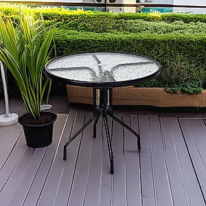 Goplus 32" Outdoor Round Patio Table with Umbrella Hole, All Weather Dining Table Tempered Glass Top, Bistro Table Coffee Table Furniture Commercial Party Event for Backyard Lawn Balcony Pool