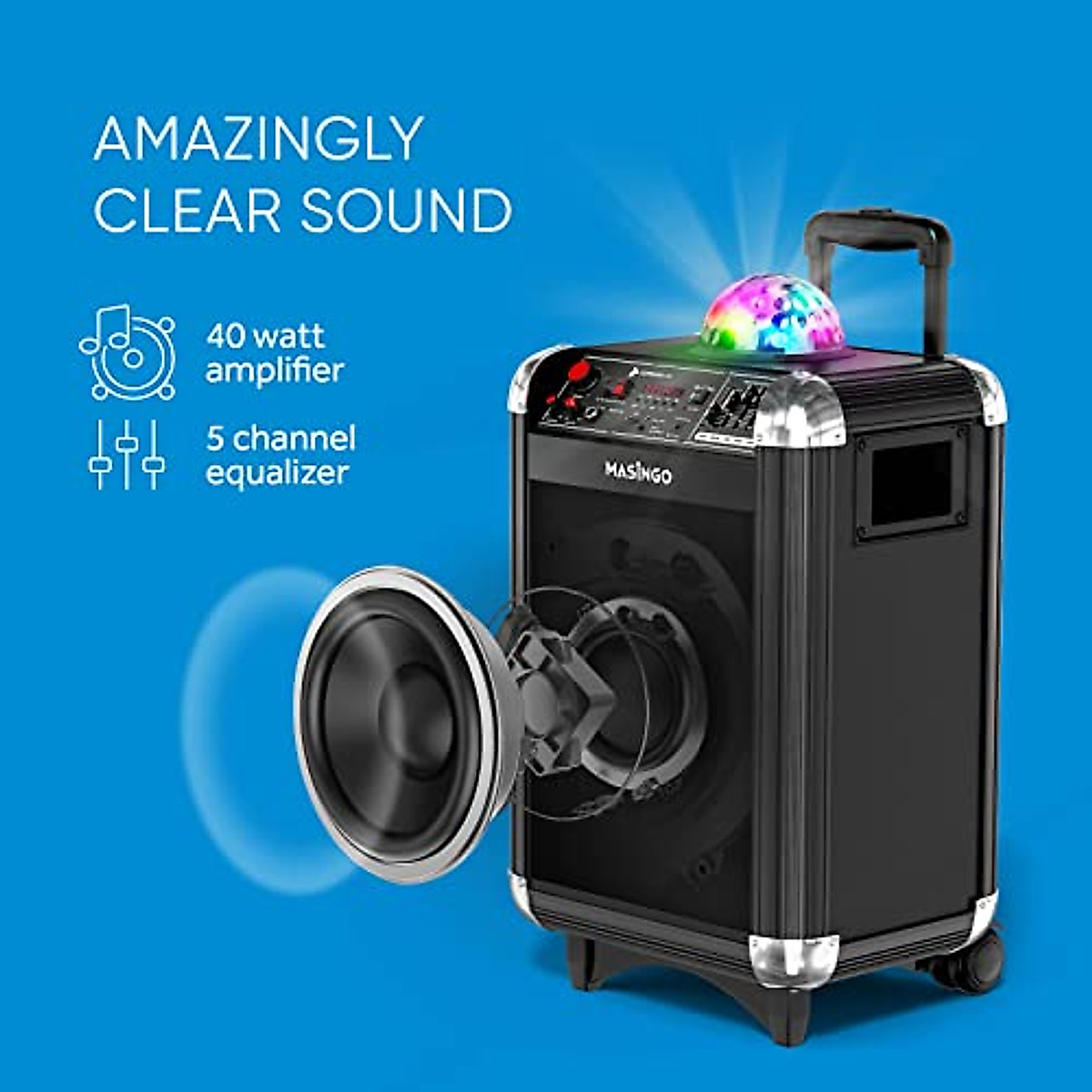 MASINGO Karaoke Machine for Adults & Kids with 2 Wireless Microphones - Portable Singing PA Speaker System w/Two Bluetooth Mics, Party Lights, Lyrics Display Holder & TV Cable - Soprano X1 Black