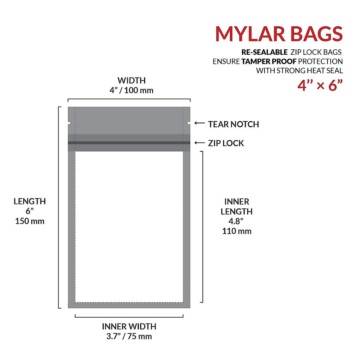 Mylar Bags with Ziplock 4" x 6" | 100 Bags | Sealable Heat Seal Bags for Candy and Food Packaging, Medications and Vitamins | Plastic and Aluminum Foil Packets for Liquid and Solids