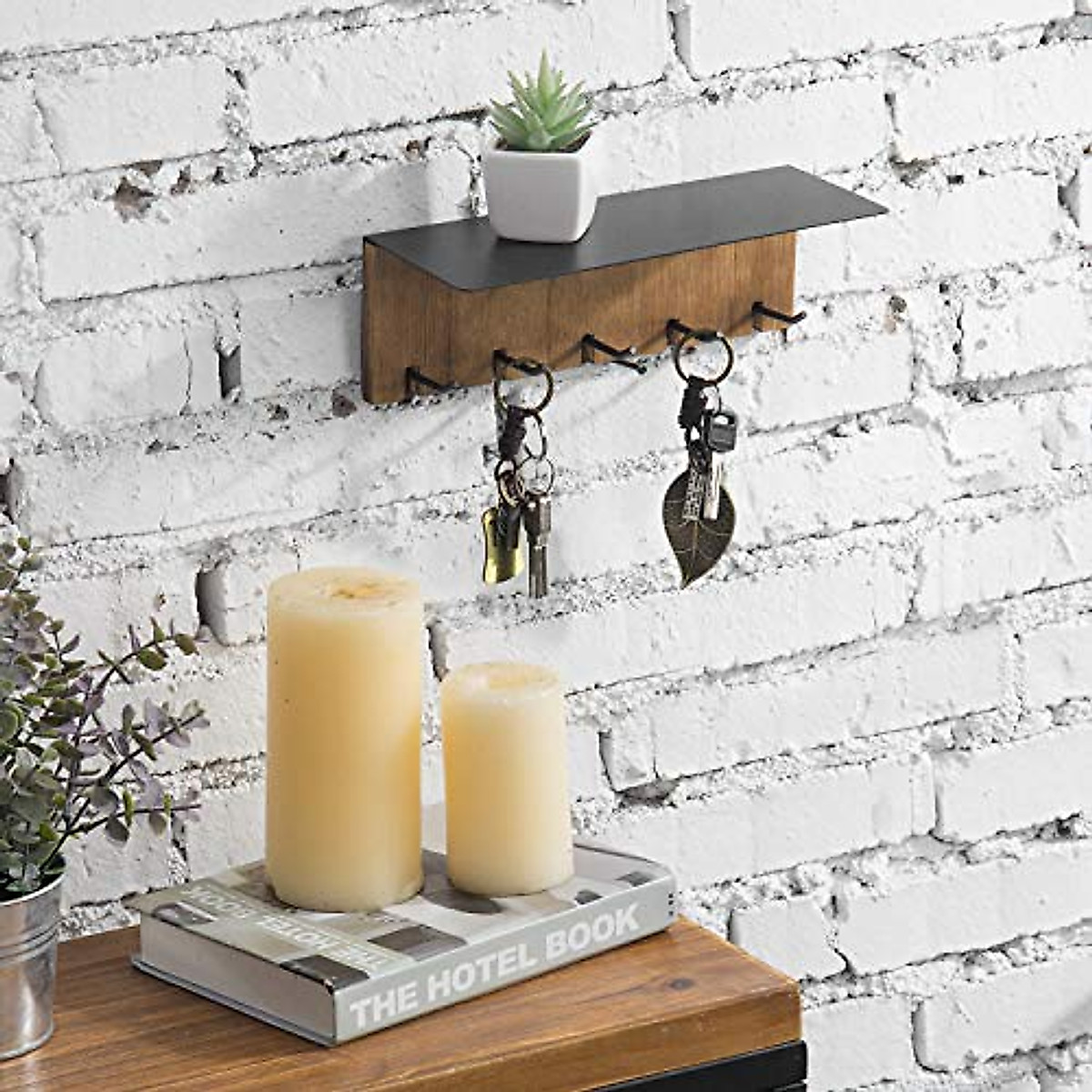 MyGift Entryway Shelf Rack with 5 Key Hooks, Wall-Mounted Burnt Solid Wood and Matte Black Decorative Shelf