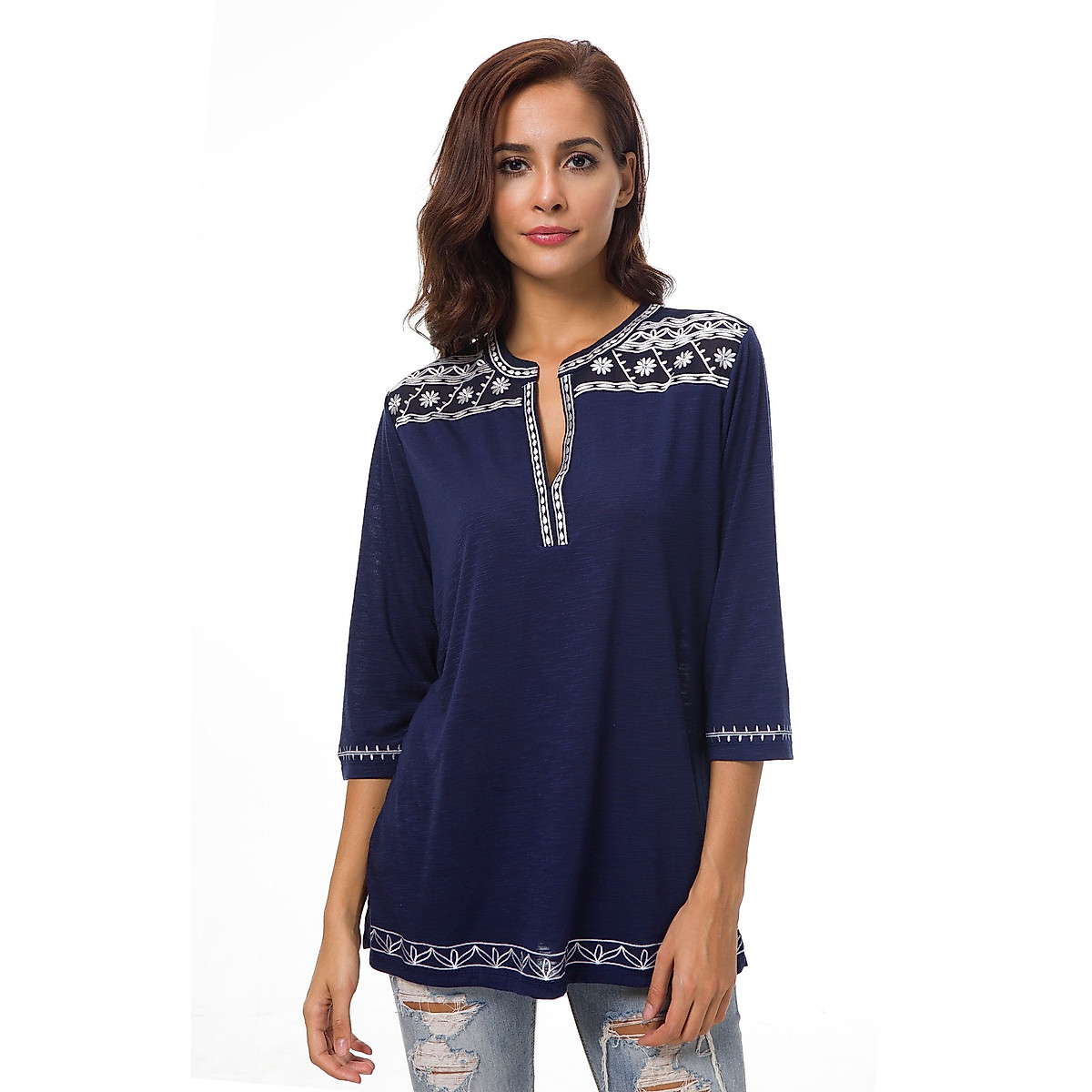 Women's Summer Tops Boho V-Neck Embroidery Short Sleeve Blouses for Women Fashion Navy Blue