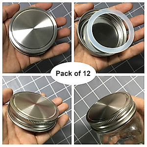 Stainless Steel Mason Jar Lids, Storage Caps with Silicone Seals for Regular Mouth Size Jars, Polished Surface, Reusable and Leak Proof, Pack of 12 (12-Pack Regular Mouth stainless steel)