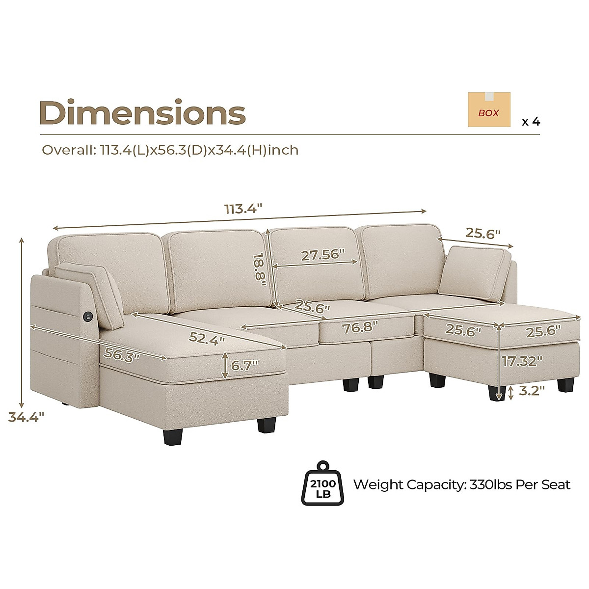 Hasuit 113'' Sectional Sofa with Storage Seats, U Shaped Convertible Sofa Couch with Large Reversible Chaise, Comfy Chenille Sofa with USB Port, Modular Sectional Sofa Couches for Living Room, Beige