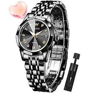 OLEVS Black Watch for Women Analog Quartz Diamond Fashion Elegant Dress Ladies Watch Stainless Steel Day Date Wrist Watches Waterproof Luminous