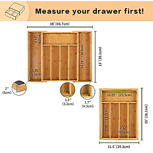 Utoplike Bamboo Cutlery Tray Silverware, Drawer Dividers for Kitchen Utensils, Flatware Tray Drawer Insert for knives, Gadgets and Garage Tools, Office Supplies, (11.5"-18" ) W X 15" H X 2“D (Small)