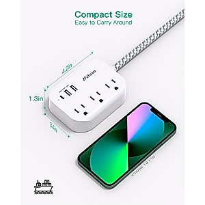 Cruise Essentials - Flat Plug Power Strip with 3 Outlets 3 USB Ports(1 USB C Poiwer Delivery 20W), 5ft Braided Extension Cord, Compact for Cruise Ship, Travel, Home and Dorm
