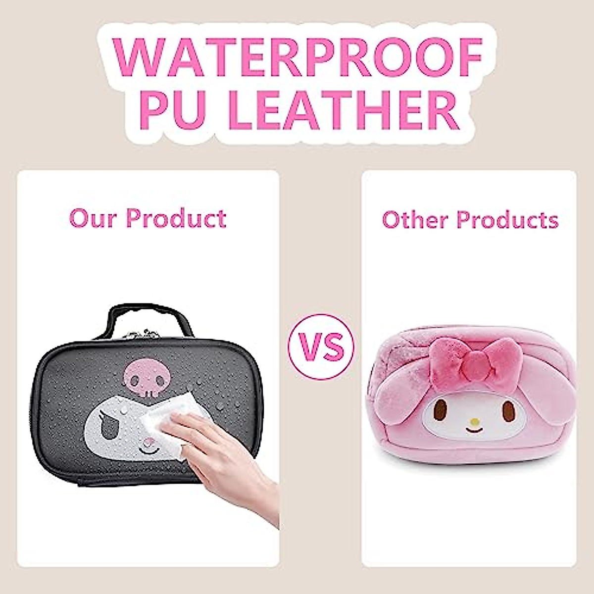 NGCJZF Kawaii Anime Makeup Bag, Cute Cartoon Cosmetics Bag, Mini Travel Toiletry Bag, Waterproof Reusable Faux Leather Makeup Accessories for Women (Black)