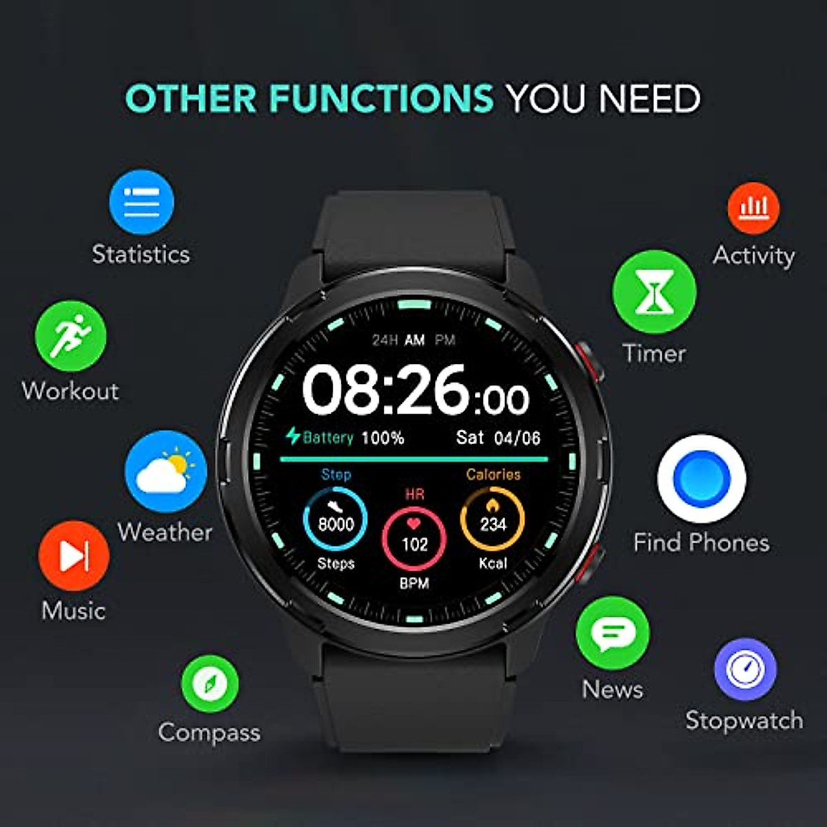 SKG V9C Smart Watch for Men Women, Smartwatch with GPS for Android & iPhone, Fitness Tracker with Heart Rate, SpO2, Sleep Monitor, IP68 Waterproof, Multi-Sports, Dials, Outdoor Compass, Ideal Gift