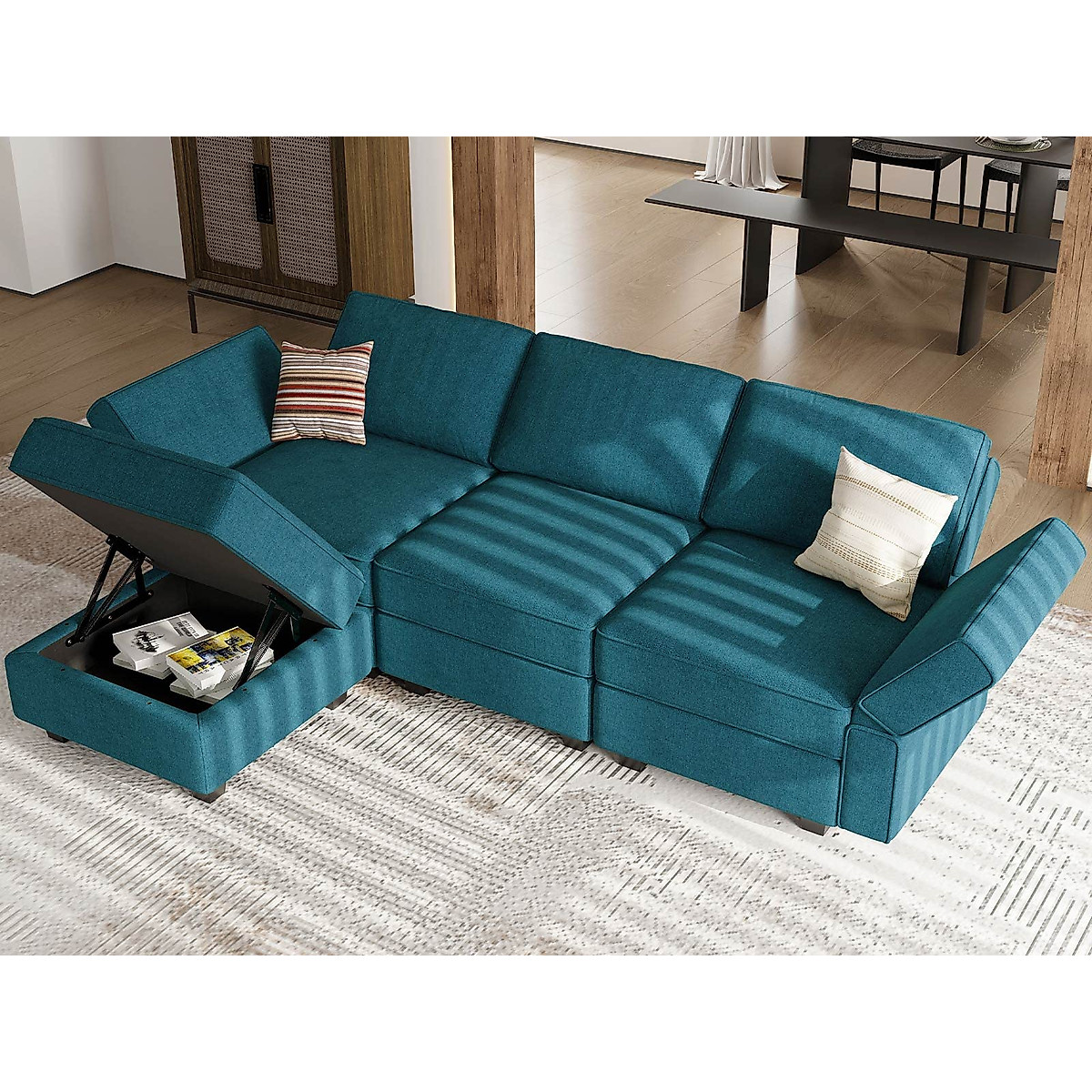 Belffin Small Sectional Sofa Modular L Shaped Couch 3 Seater Sectional Couch Convertible Chaise Ottoman with Storage Peacock Blue