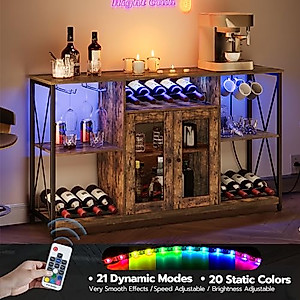 HOOBRO Wine Bar Cabinet with Led Lights and Power Outlets, Coffee Bar Cabinet for Glasses, Sideboard Buffet Cabinet, Liquor Cabinet for Dining, Living Room, Bar, Rustic Brown and Black BF13UDJG01