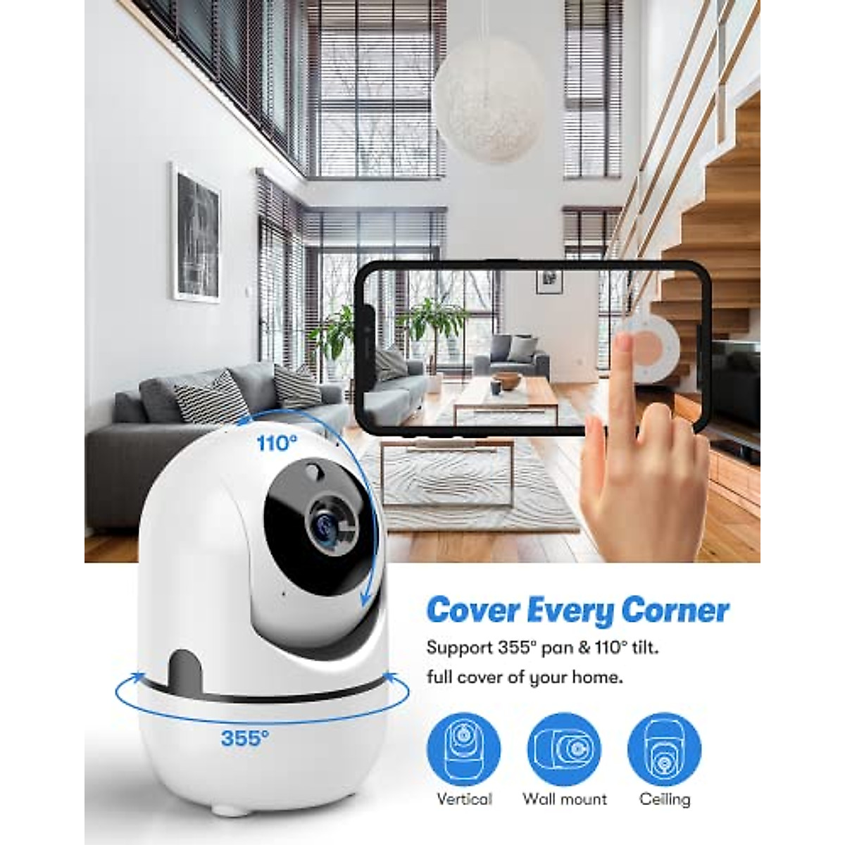Security-Camera-for-Baby-Monitor-2K Wi-Fi Cameras-for-Home-Security, Pan/Tilt/Zoom Indoor Camera Wireless with Phone APP, 2-Way Audio, Motion Detection, Night Vision