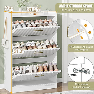 Jocoevol Shoe Cabinet Storage for Entryway Hidden Shoes Storage Cabinet with 3 Flip Drawers, Modern Fluted Shoe Rack Cabinet Large Tall Free Standing Shoe Organizer Cabinet for Foyer, Hallway (White)