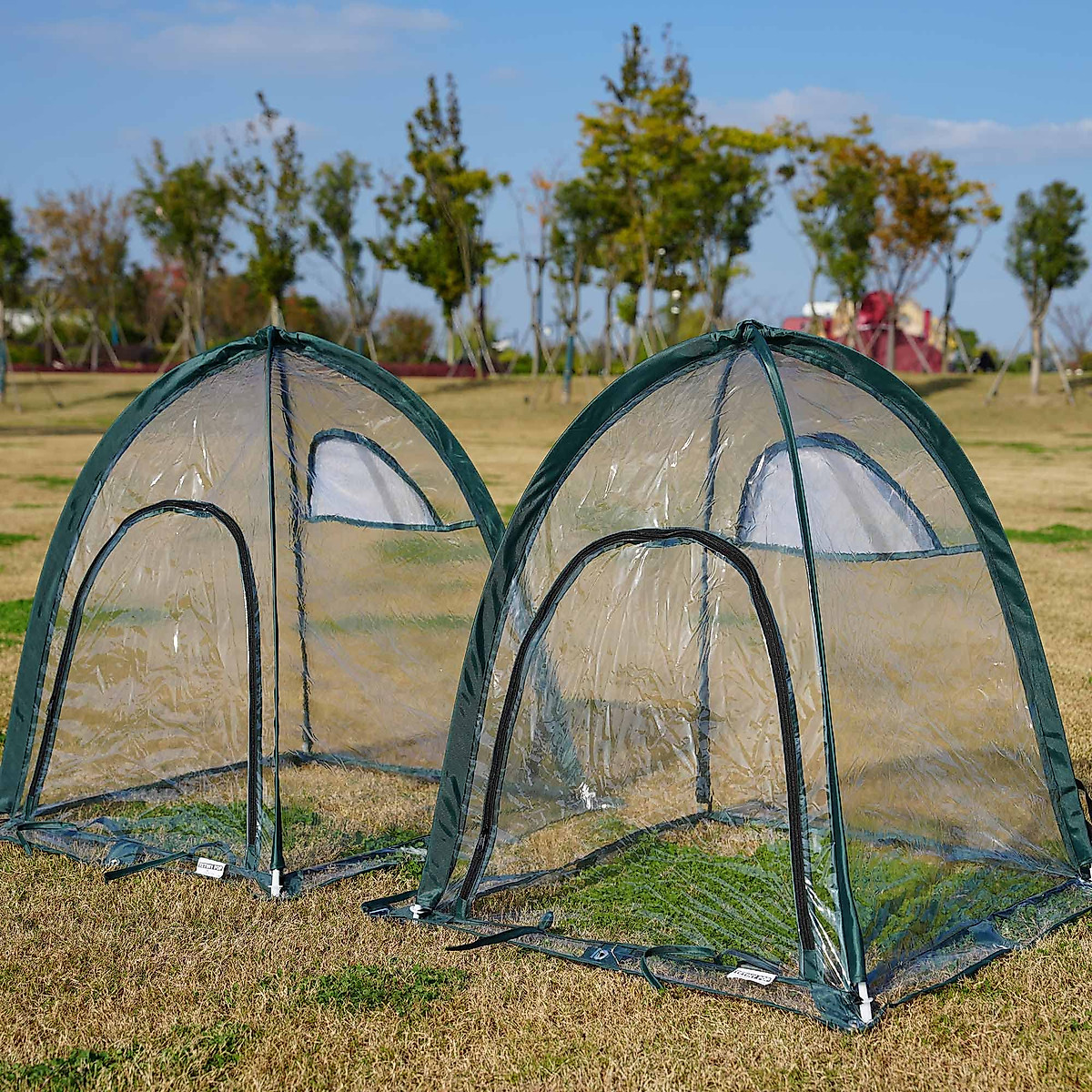 Easy Set-up Mini Greenhouse Pack of 2 Mini Pop up Flower House Backard Garden Plant Cover for Cold Forst Protection PVC Sunshine Room with Stakes and Carrybag (28" L x 28" W x 32" H)
