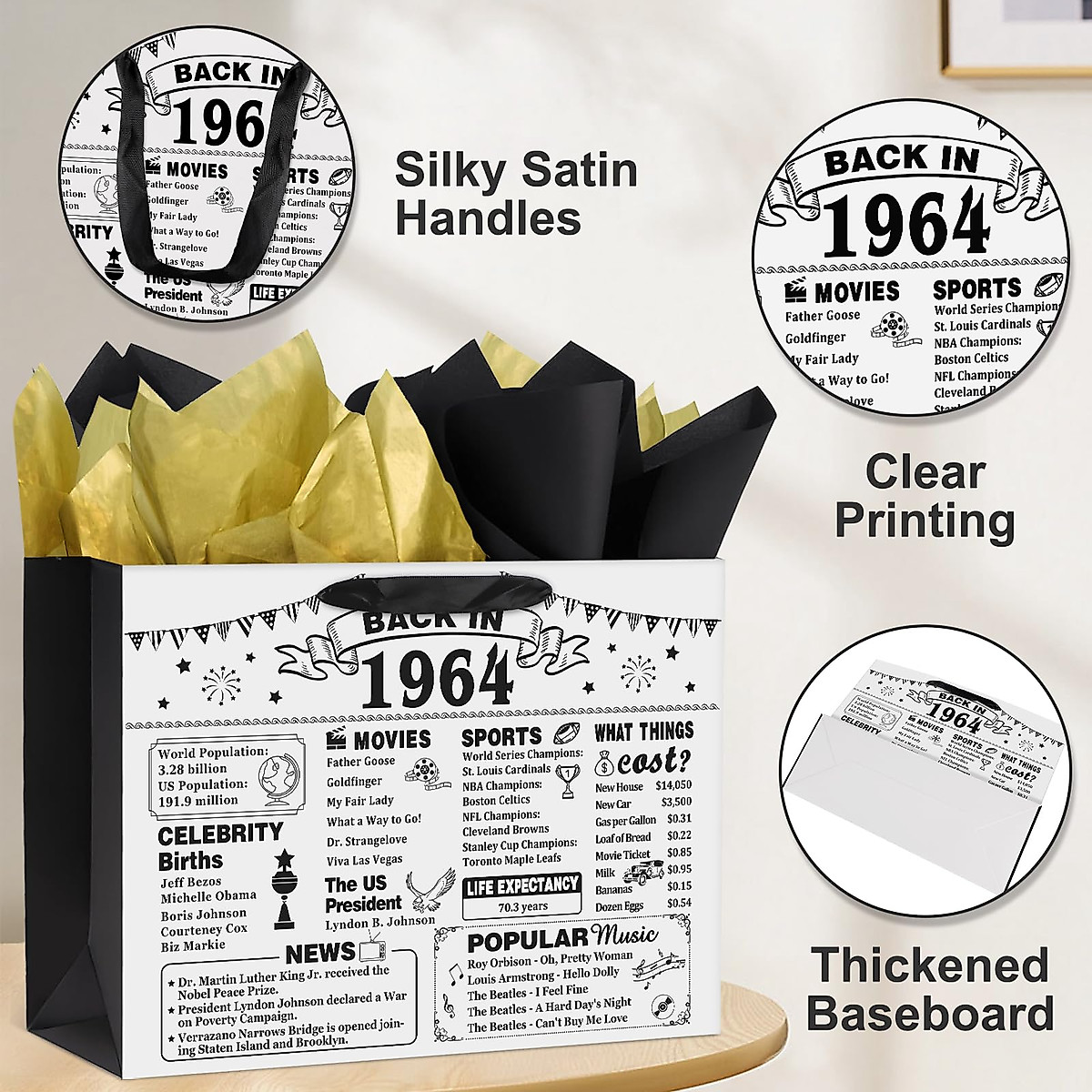 60th Birthday Gift Wrap Bag Vintage 1964 Gift Bag, 60th Birthday Decorations Paper Bag with Tissue Paper & Back in 1964 Poster, Happy Birthday Gift Bag for 60 Years Old Women/Men 13" x 10" x 5"