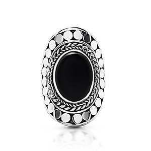 Koral Jewelry Black Onyx Oval Stone Vintage Ring 925 Sterling Silver US Size 6 7 8 9 10 (6)