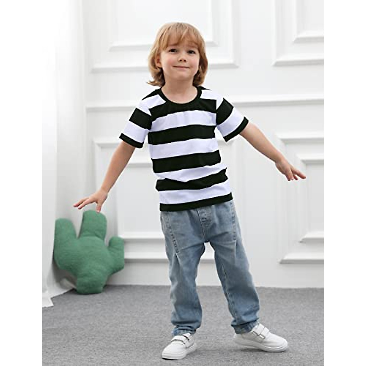 COSLAND Boys Short Sleeve Striped T-Shirt Crew Neck Tee Small, Black and White