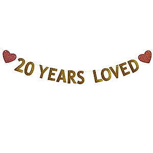 20 YEARS LOVED Banner for 20th Birthday /Wedding Anniversary Party Decorations Supplies, Pre-strung, No Assembly Required, Gold Glitter Paper Garlands Banner, Letters Gold, Betteryanzi