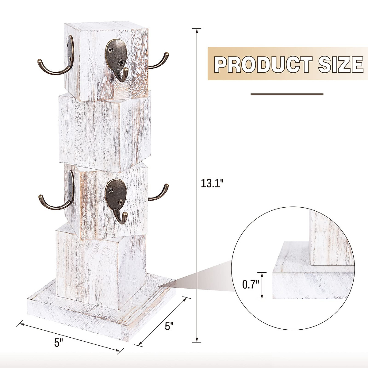 bluegift Coffee Mug Holder Tree, Rustic Solid Wood Mug Tree Stand with 8 Hooks, Farmhouse Coffee Cup Holder for Counter, Mug Hanger for Kitchen Organizer, Farmhouse White