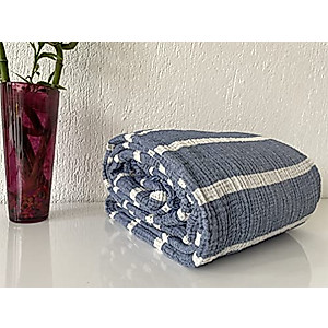 100% Cotton Muslin Throw Blanket, 4 Layers Bedspread, Soft Turkish Cotton Muslin Bed Cover, Reversible Coverlet, Indigo Blue (Throw 47x71-120x180cm)