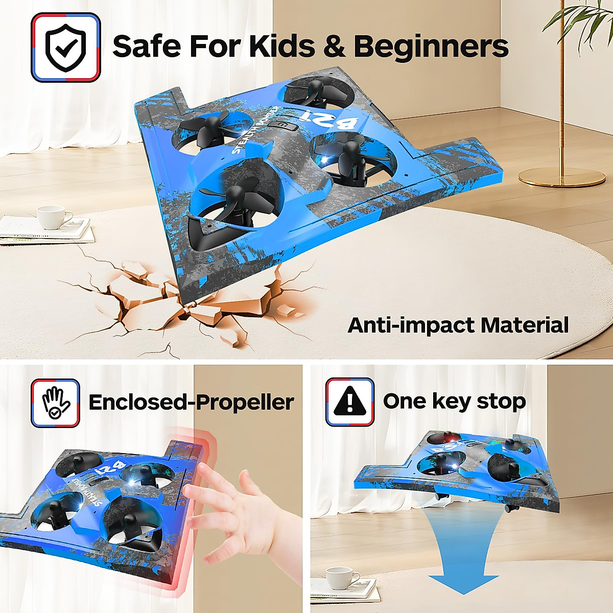 LM19-C Remote Control Airplane Stealth Fighter Jet for Beginner, 2.4GHz RC Planes Indoor Drone for Kids with Altitude Hold, Headless Mode, 3D Flip, Stunt RC Airplanes Gifts for Boys Girls, 2 Batteries