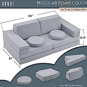 jela Kids Couch 10PCS Luxury, Floor Couch Floor Sofa Modular Furniture for Adults, Playhouse Play Set for Toddlers Babies, Modular Foam Play Couch (Classic, Moonlight Grey)