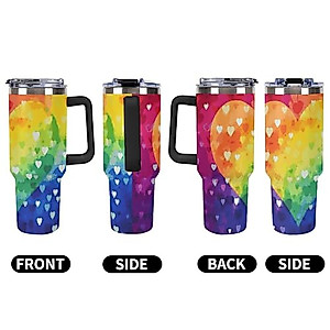 LLUTSNTH 40 Oz Vacuum Tumbler with Black Handle Leakproof Insulated Tumbler Colorful Rainbow Love Heart Stainless Steel Travel Mug with Lid And Straw Coffee Cup Cute Water Bottles Cup Holder Friendly