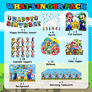 117Pcs Birthday Party Supplies - Birthday Decorations Kit for Boys Kids Including Balloons, Banner, Tableware, Swirls, Tablecloth, Plates, Cutlery, Forks, Spoons, Knife & Napkins (Buy This)