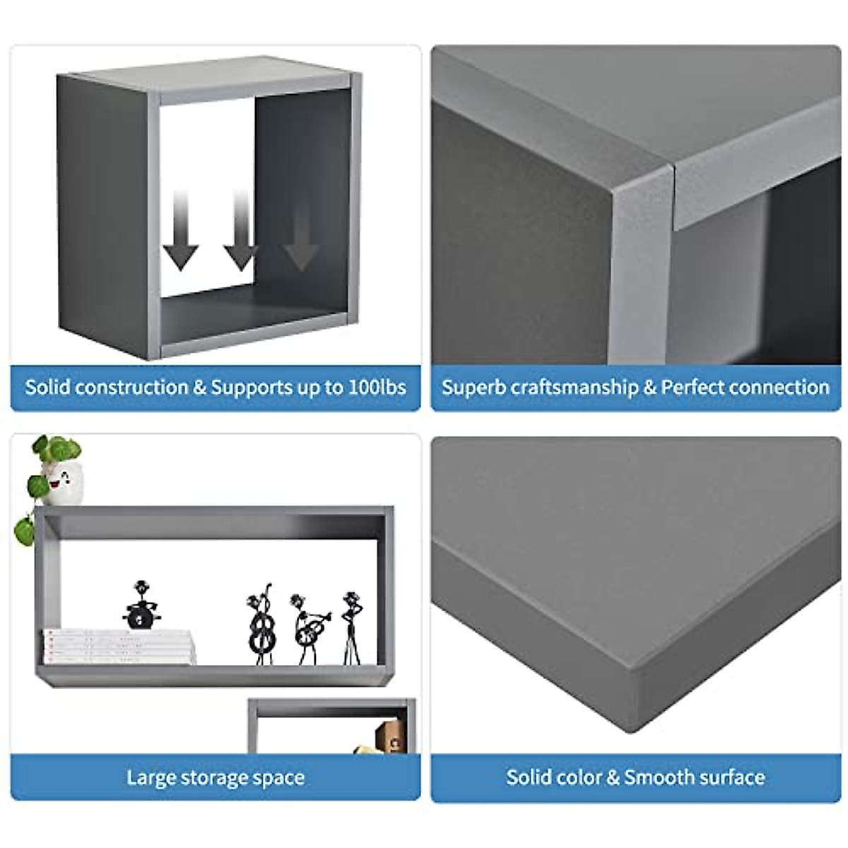 Kaboon Square Cube Floating Shelves Set2, Display Shelves Wall Mount 7.75" D x 12.5" W x 12.5" H, (Gray, 2 Cubes)