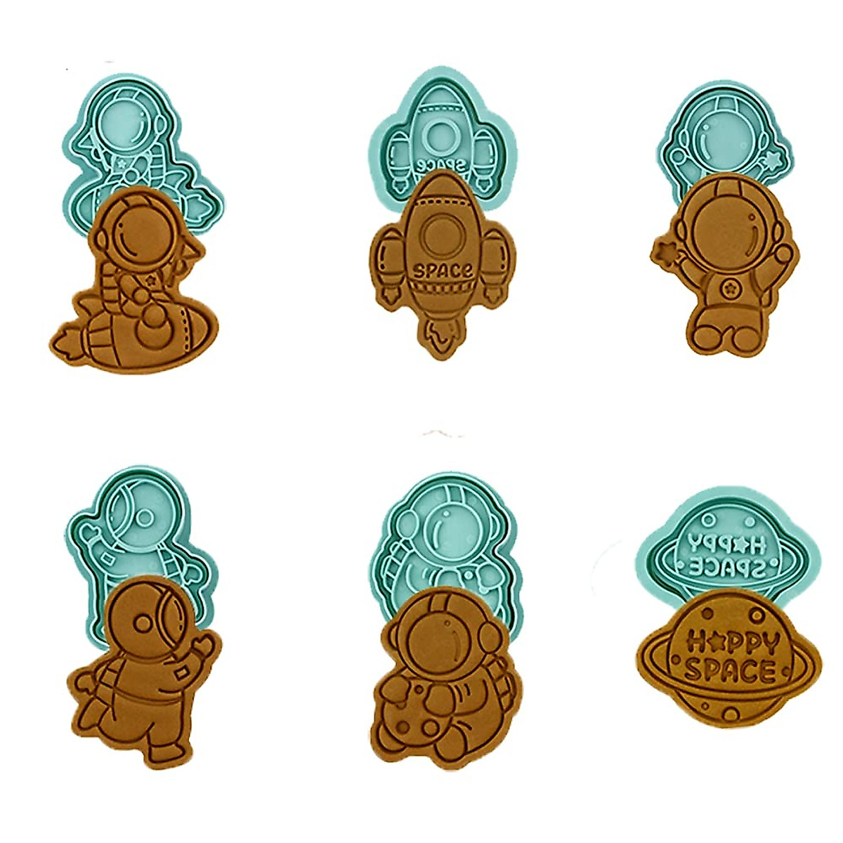Astronaut 3D Cookie Cutters with Plunger Stamps Set, 6 Pcs Cartoon Pressable Biscuit Cutters Shape for Treats DIY Baking Cookie Supplies