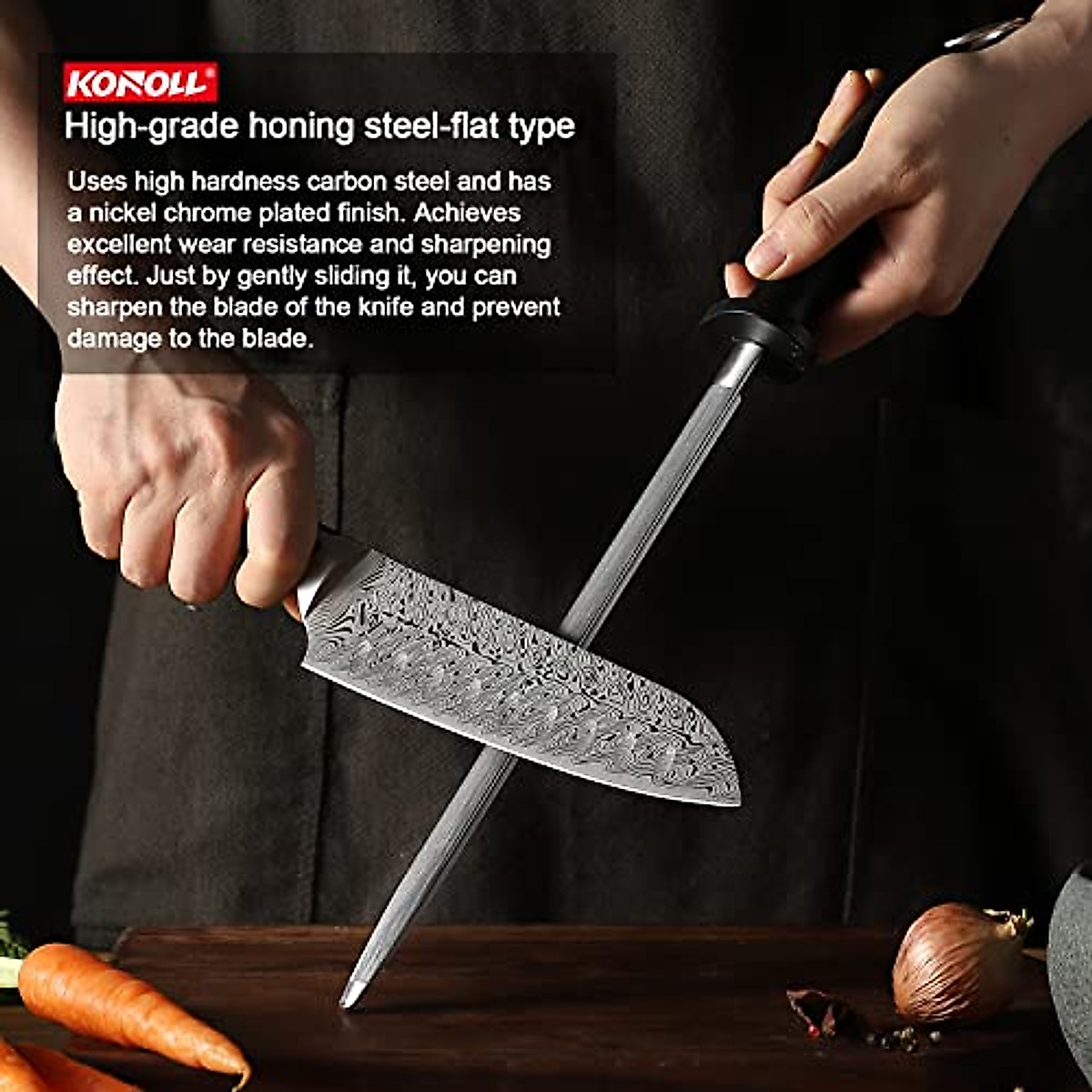 KONOLL Professional Honing Rod, Knife Steel Magnetized for Safety. With an Oval Handle for a Firm Grip and is Built For Daily Use, Perfect for Chefs and Home Cooks