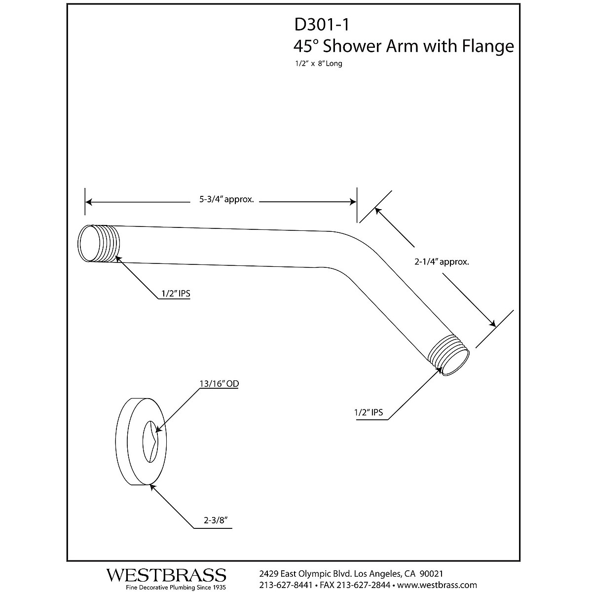Westbrass D301-1-26 1/2" IPS x 8" Wall Mount Shower Arm with Sure Grip Flange, 1-Pack, Polished Chrome