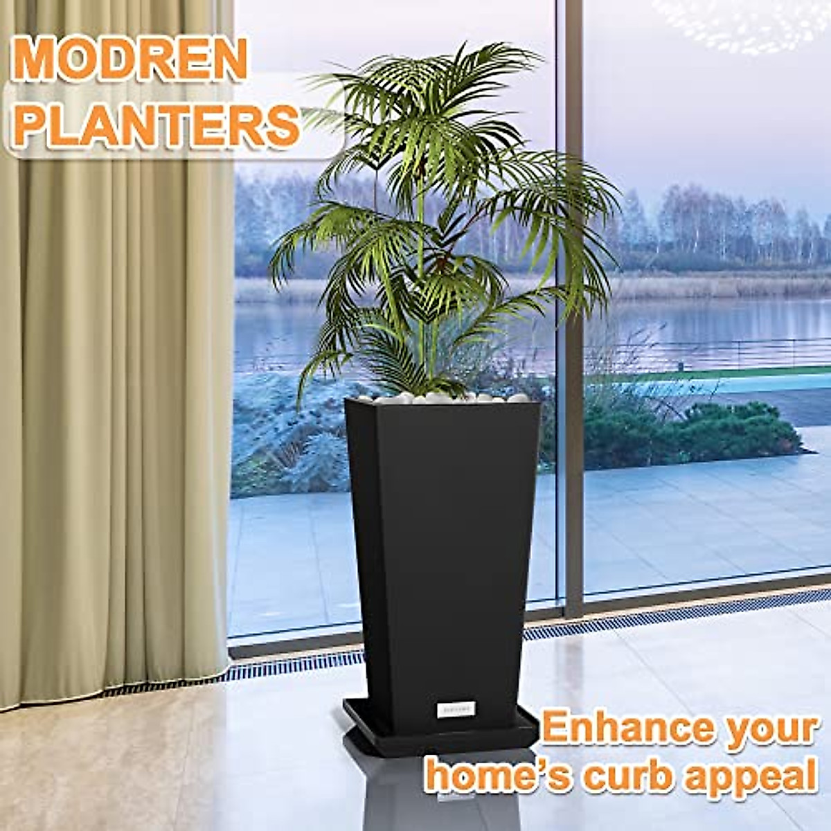 Elevens Outdoor Planter Larger Flower Pots Indoor Taper Garden V-Shape Tall Planters 27 inches Garden Pots Planter - Black（2 Packs）