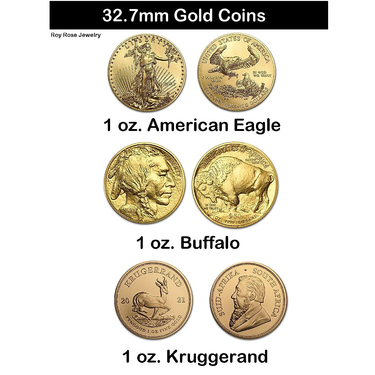 Roy Rose Jewelry Gold Coin Mounting | U.S. American Gold Eagle or Buffalo | 32.7mm | Screw Top | Plain, Reeded Edge, Diamond-cut Fancy Bezel Pendant Frames | Solid 14K Gold
