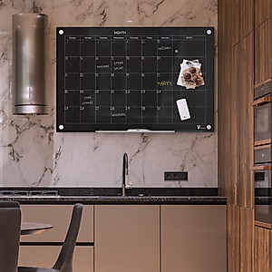 TOWON 47 x 35 Inch Glass Calendar Dry Erase Board for Wall, Magnetic Whiteboards Calendar, White Board Calendar Dry Erase for Wall, Monthly Planner Whiteboard Set, Black