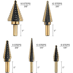 Loboo Idea 6 Pieces/Set Step Drill Bit Set & Automatic Center Punch (6-Pieces/Set, Black)