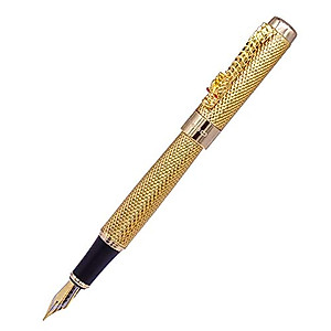 Gullor Jinhao Golden Dragon Red Crystal Eyes Fountain Pen with Push in Style Ink Converter