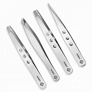 Tweezers Set, Eyebrows Kit Professional Stainless Steel Set - 4 Pieces with Leatherette Travel Case Perfect for Facial Hair, Beauty and Personal Care Tool Hobri International, silver (HTZK-001)