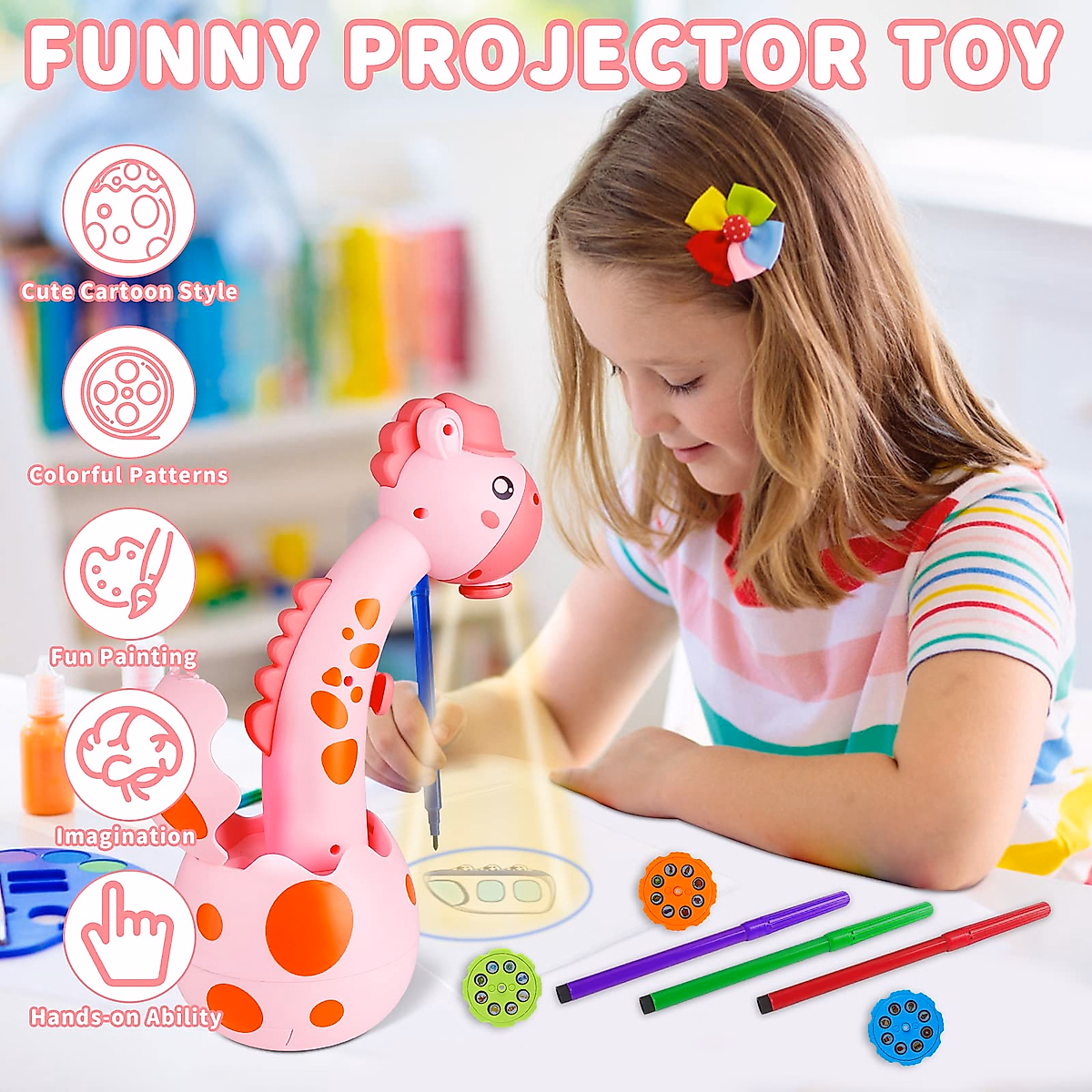 RNGODO Drawing Projector for Kids, Trace and Draw Projector Toy for Toddler Girls & Boys, Learning Art Children Drawing Projection with 72 Stencils and 12 Markers and 1 Art Book