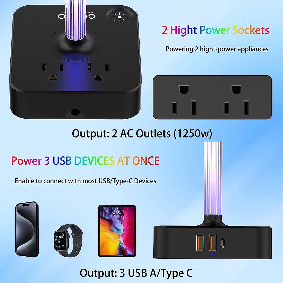 RGB Headphone Stand with USB Charger COZOO Desktop Gaming Headset Holder Hanger with 3 USB Charger and 2 Outlets - Great for Gaming, DJ, Wireless Earphone Display,Gamer PC Accessories Boyfriend Gifts