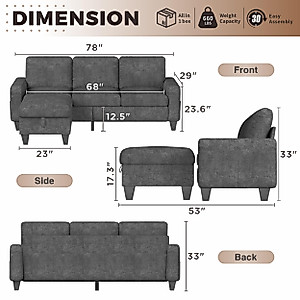 Youmumeub Sectional Sofa, L Shaped Couches for Living Room with Movable Ottoman Small Snowflake Sofas Modular Furniture Set for Apartment Small Space Loft