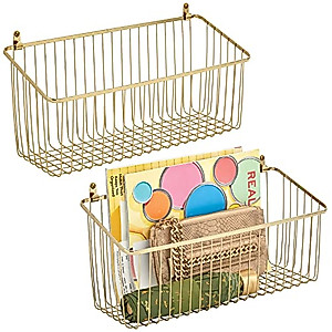 mDesign Portable Metal Farmhouse Wall Decor Angled Storage Organizer Basket Bin for Hanging in Kitchen/Pantry - Store Plastic Bags, Foils, Oils, Sandwich Bags - 2 Pack - Soft Brass