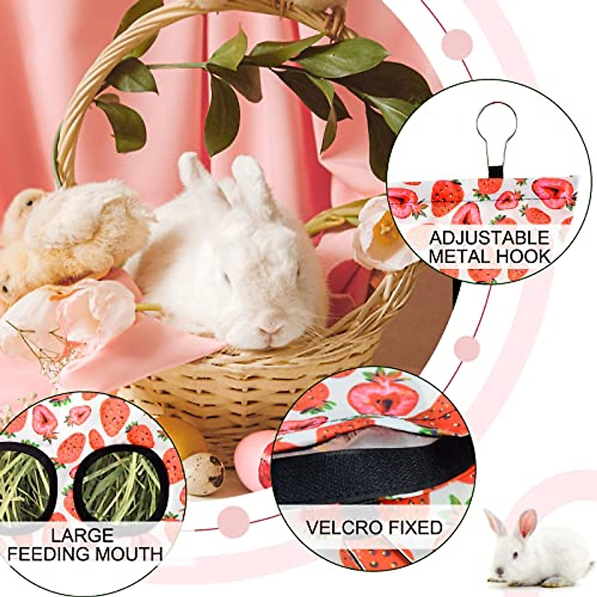 2 Pieces Rabbit Hay Feeder Bag, Guinea Pig Hay Feeder Storage Bunny Hay Bag Hanging Feeder Bag for Rabbits with 3 Holes Large Capacity for Small Animal (Strawberry+Avocado)