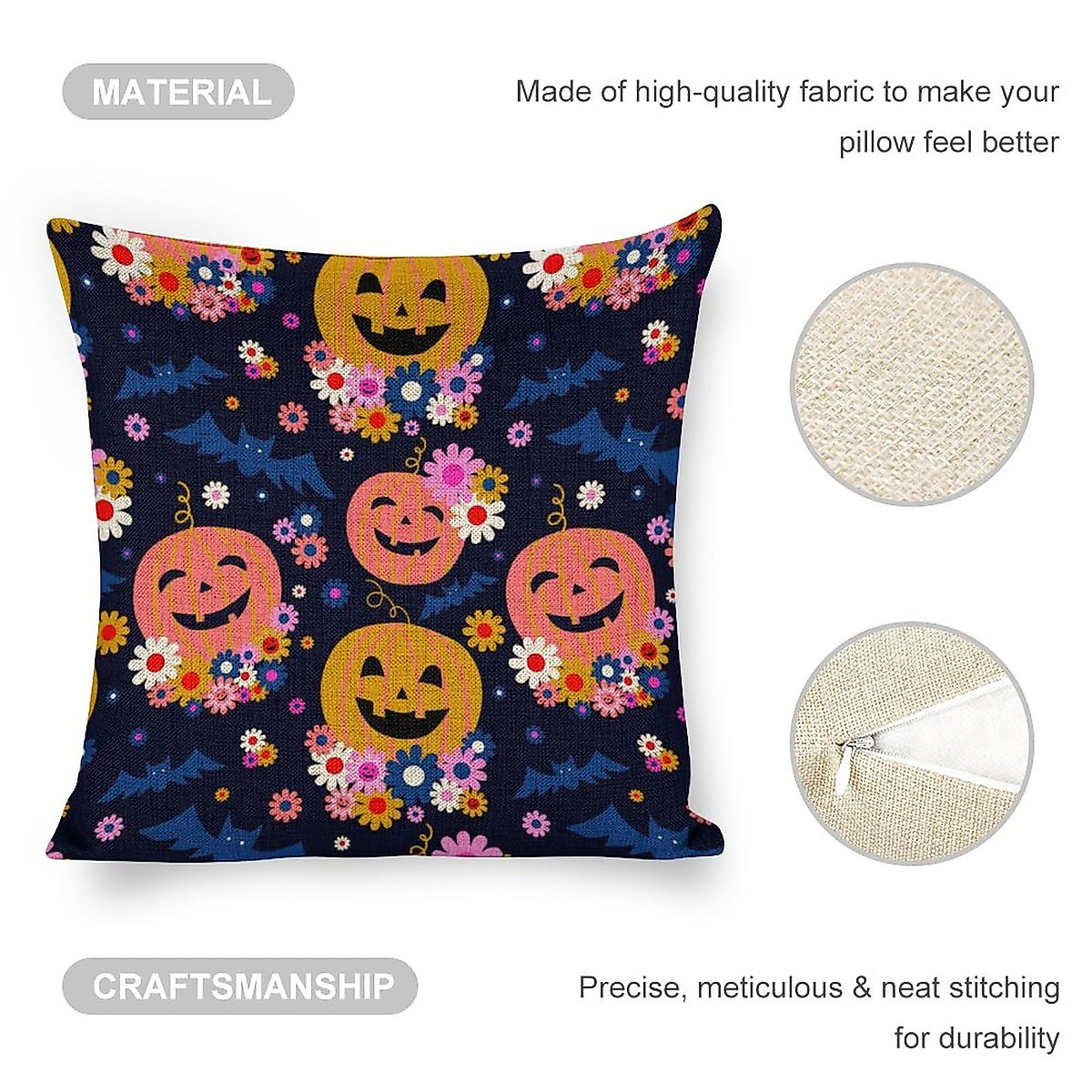 Halloween Pumpkins Flowers Pillow Covers 18x18 Colorful Autumn Pillowcase Set of 2 Linen Throw Pillow Covers Decorative Square Pillow Cases Standard Size for Home Couch Sofa Bed Pillow Protector