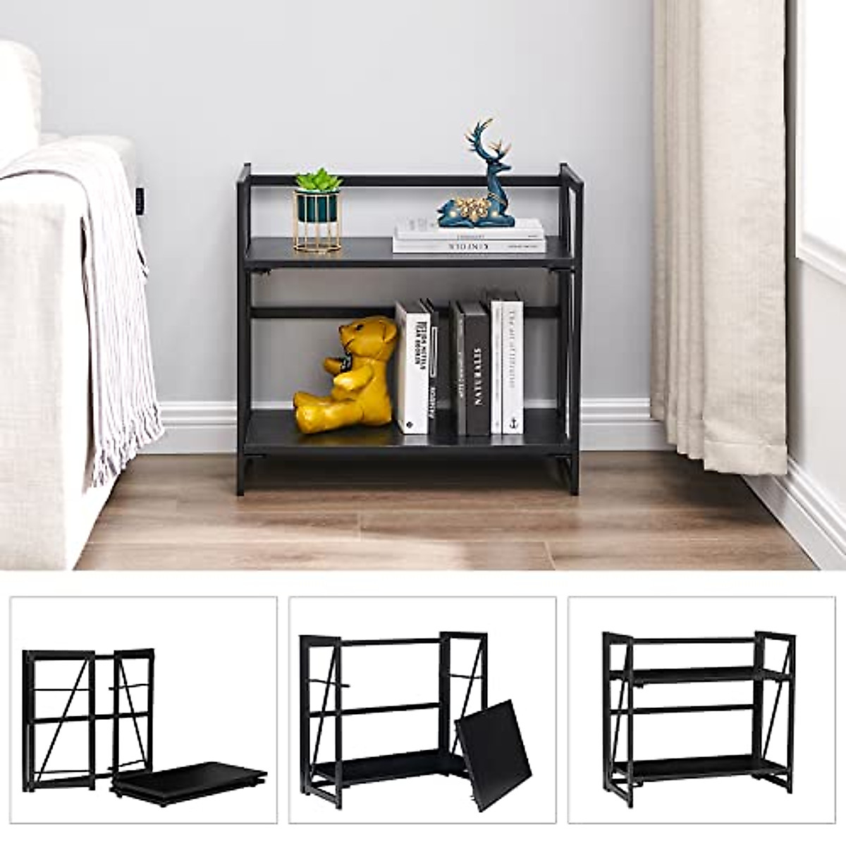 FurnitureR Folding Bookshelf 2 Tiers Bookcase Multifunctional Plant Flower Stand No Assembly Shoe Rack Stackable Shoe Shelf Storage Organizer for Entryway Hallway Closet, 23.6 X 11.8 X 19.6 Inches