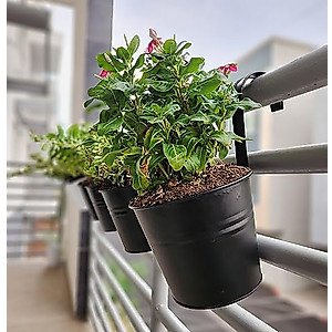 GARDEN4LIFE 6.25 Inch Large Iron Hanging Plant Pot Set - Planters for Indoor Plants & Outdoor Flora w/Drainage Hole, Detachable Hook - Ideal Balcony Planters Fence Railing Hanging Pots - 4Pcs Black